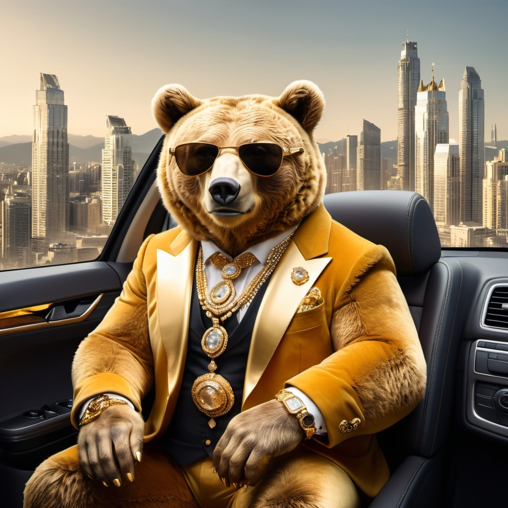 A rich bear with golden jewellery everywhere sitting...