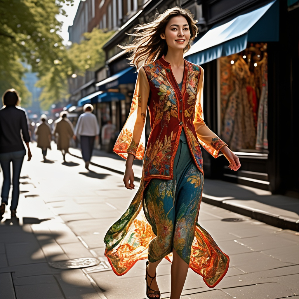 Tall young woman walking down the high street, detai...