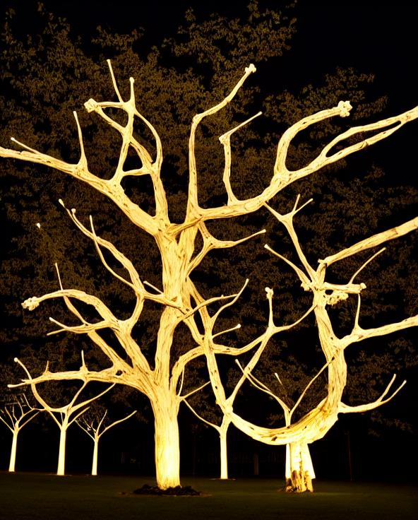Tree made of human bones glowing at night