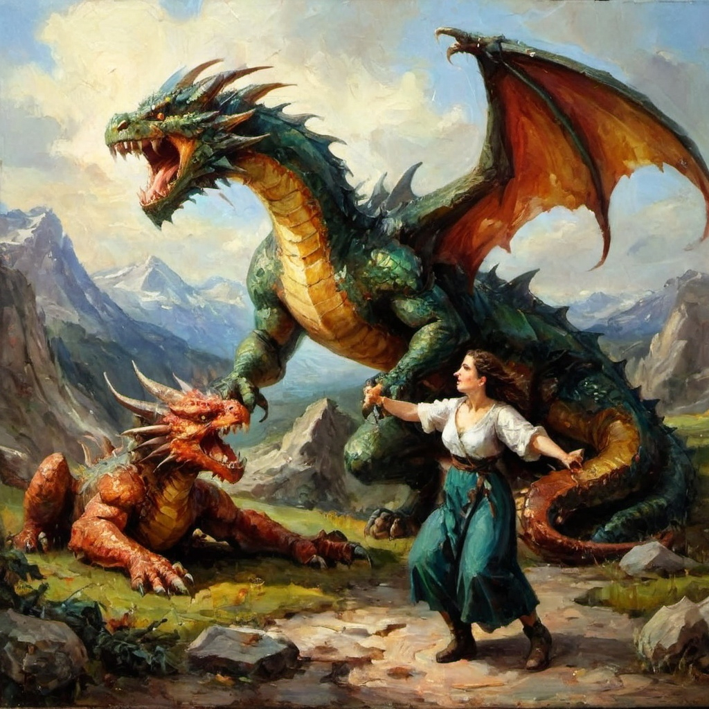 A woman fight a dragon