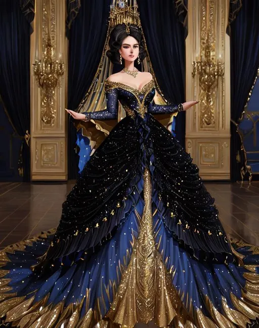 Black, royal blue and gold. Sequins. High Fashion.... | OpenArt
