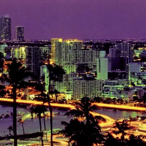 Miami in 1986, the skyline during sunset with palmtr... | OpenArt