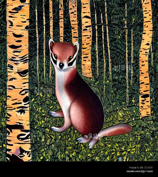 Colored wood carving of a stoat at night in a birch... | OpenArt