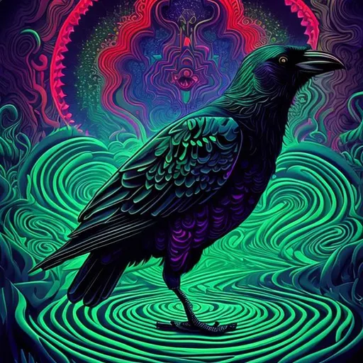 Hypnotic illustration of a crow, hypnotic psychedeli...