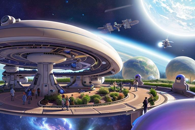 Space station colony, with colonist families. Father...