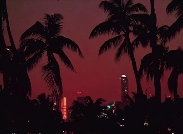 Miami 1986 skyline with bright neon lights during su... | OpenArt