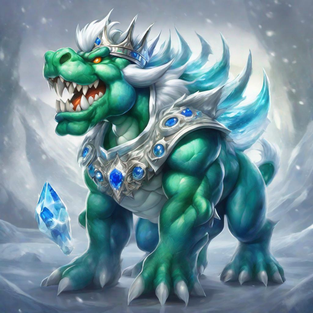 Frosty Bowser, elegant green mane, silver crown with...