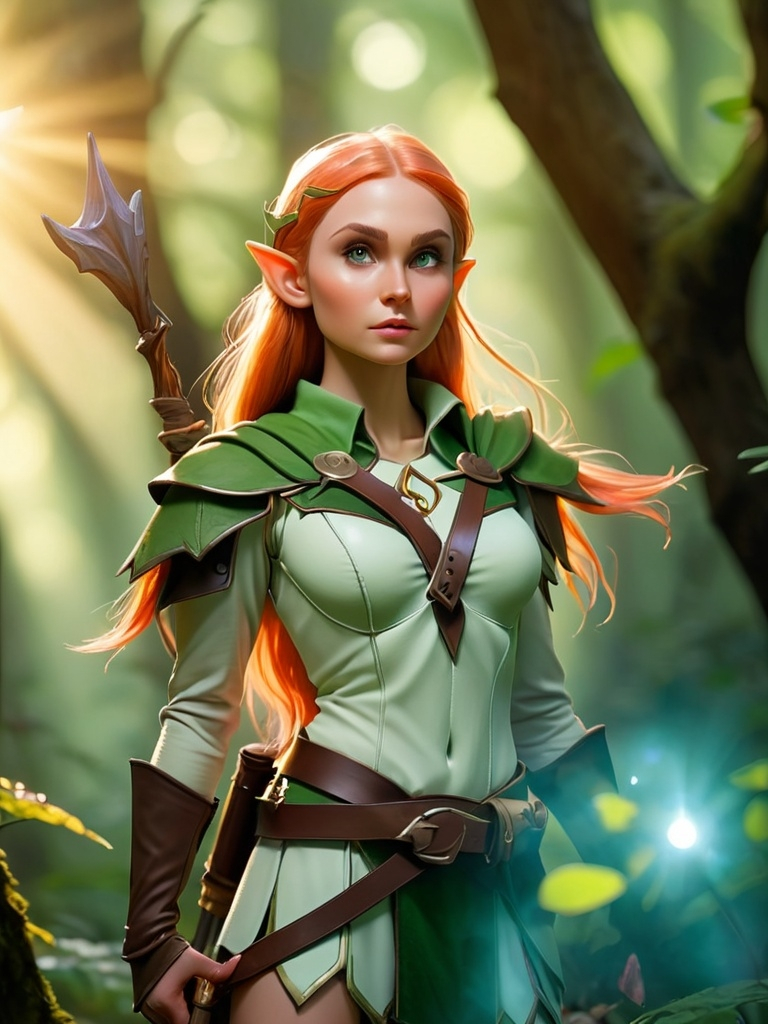 Elf ranger in a mystical forest around sunlight