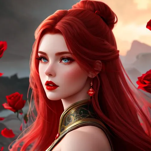 A surreal landscape of a rose warrior, wearing soft...