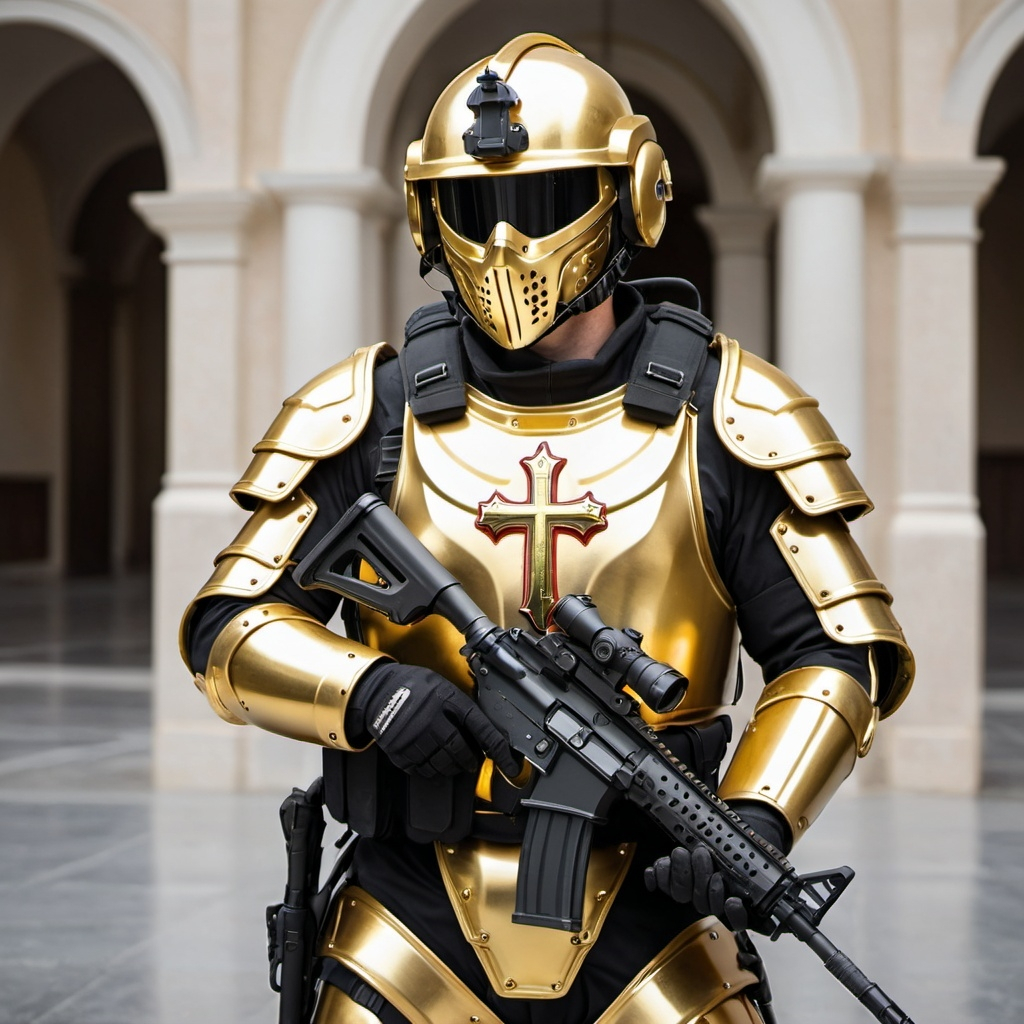 Catholic soldier wearing gold tactical armor with rifle