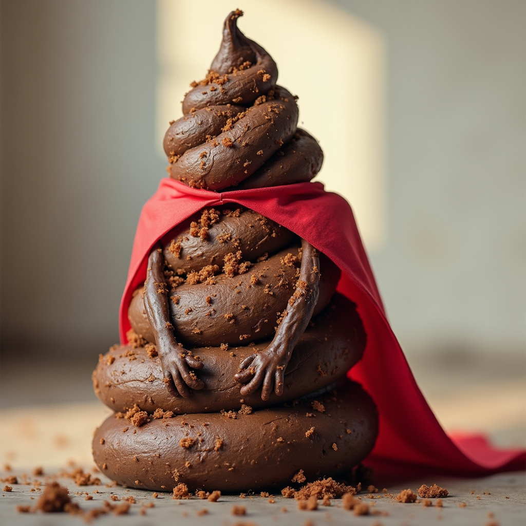 a poop wearing a superhero cape