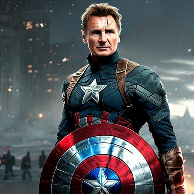 Liam Neeson dressed as Captain America holding a shi...