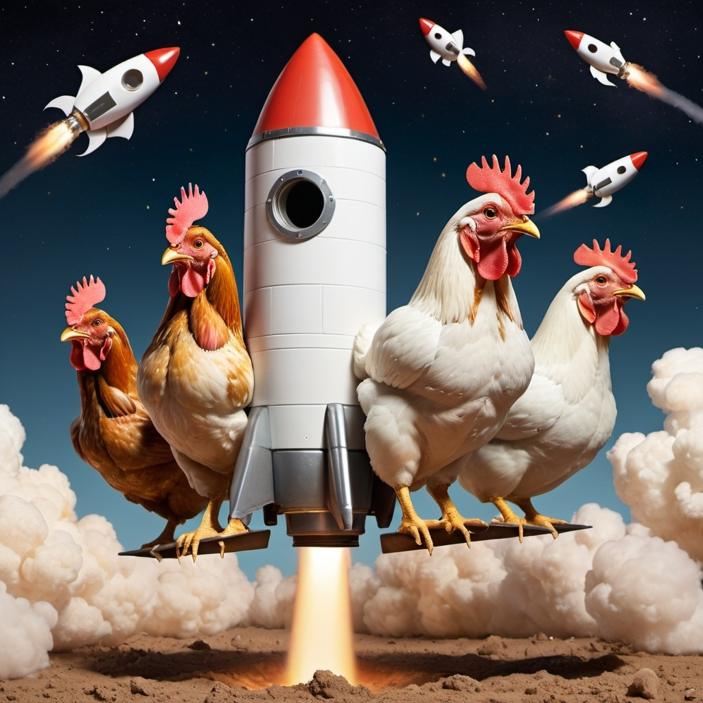 A crew of chickens drive a rocket ship