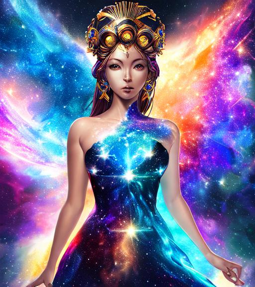 splash art of a {solar goddess}, wearing {galaxy} {d... | OpenArt