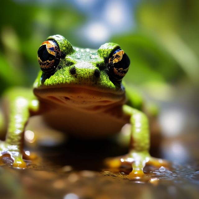 ground level macro shot, small frog hopping towards... | OpenArt