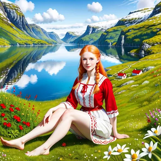 Pale redhead Norwegian young woman traditional dress... | OpenArt