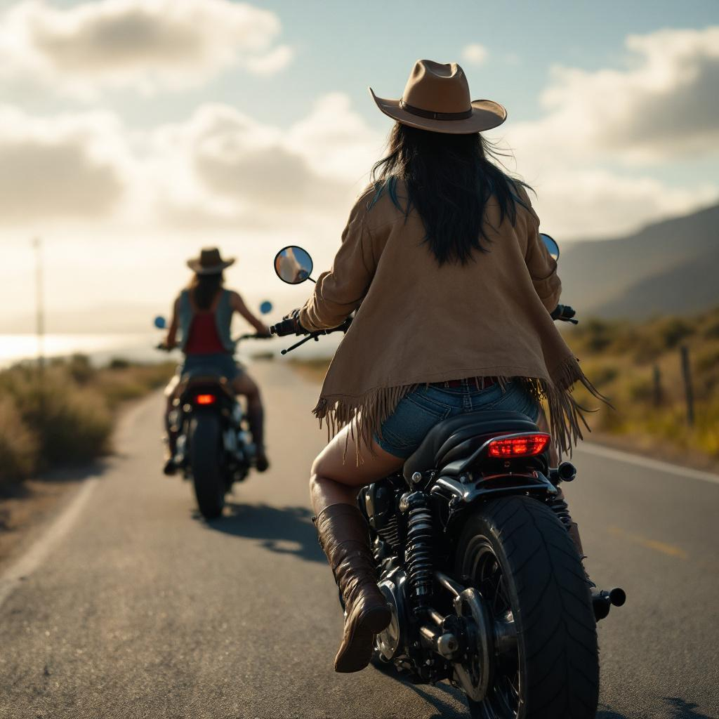 Realistic cinematic scene of two real women bikers o...
