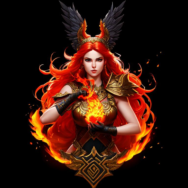 goddess of war, flaming hair on fire battling demons... | OpenArt