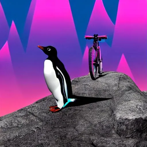 a penguin on a mountainbike in synthwave style | OpenArt