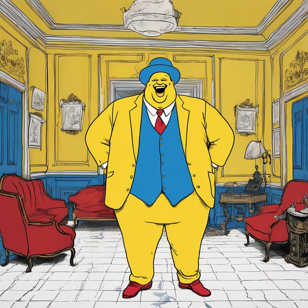 A fat, big blue man wearing a yellow hat and red col...