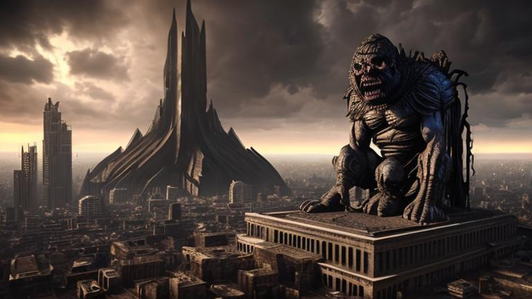 A horrific Imposing Dark God sitting on top of a Gra...