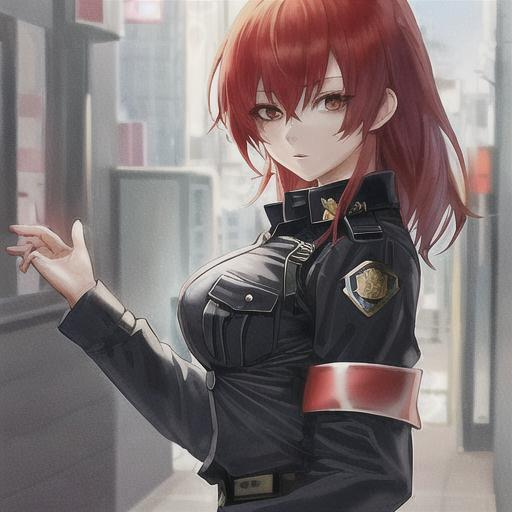 Anime girl with red hair wearing a police uniform