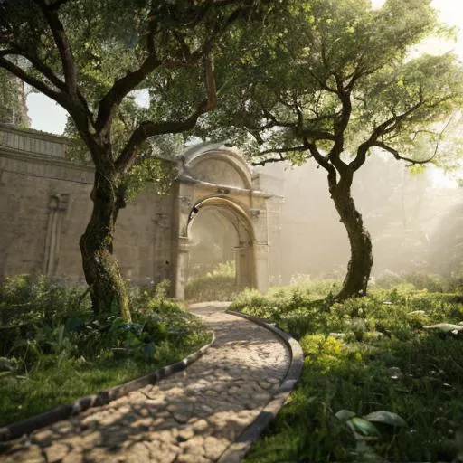A circular pathway surrounded by lush greenery, with...