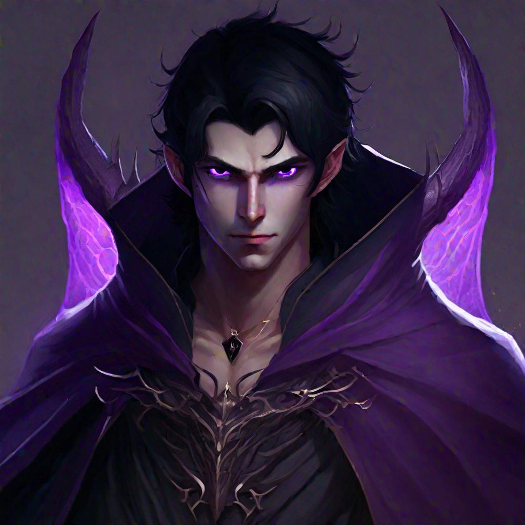 Desmosin (male, black hair, purple eyes) wearing a c...