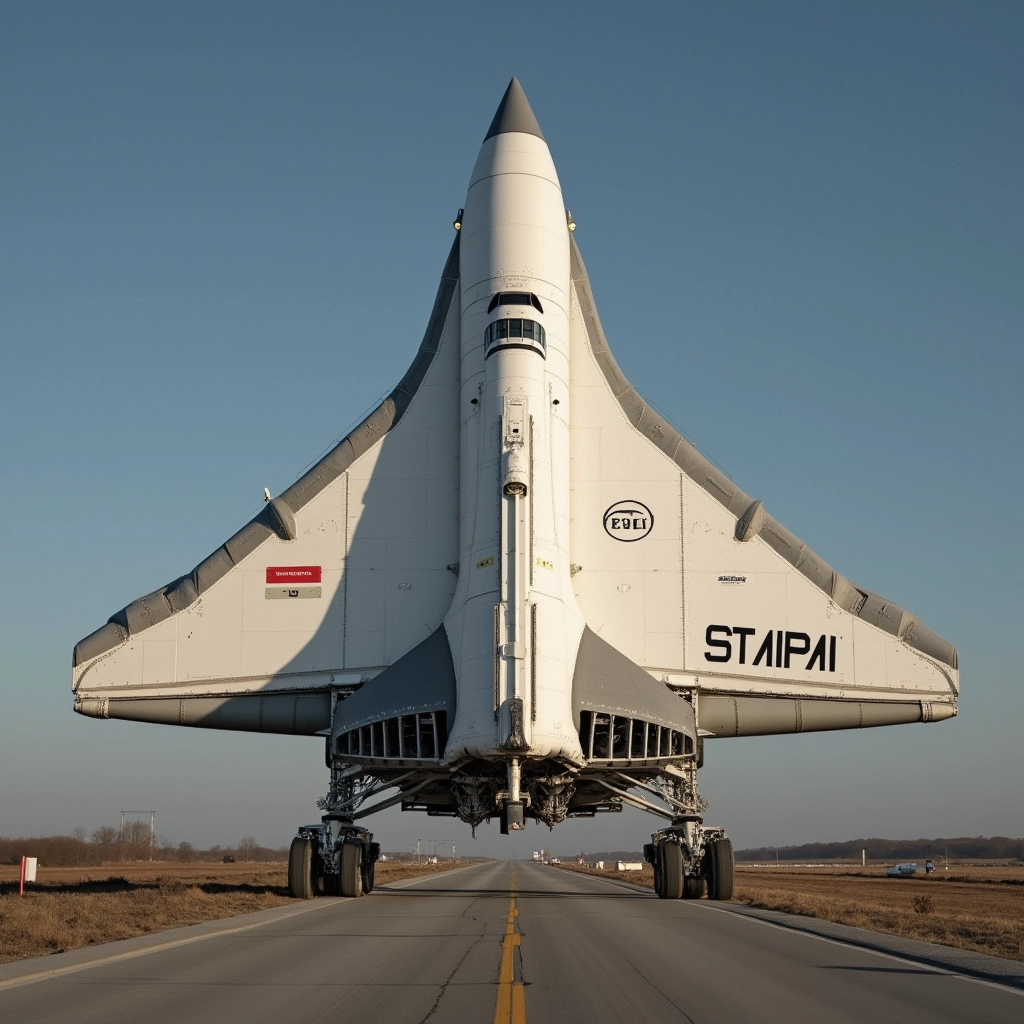 A wide delta wing starship forms part of the heavy b...