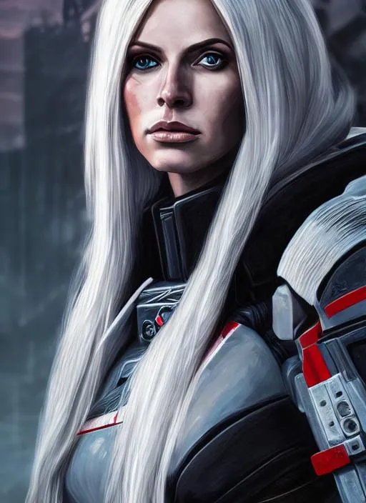 Portrait of commander shepard with long curled white... | OpenArt