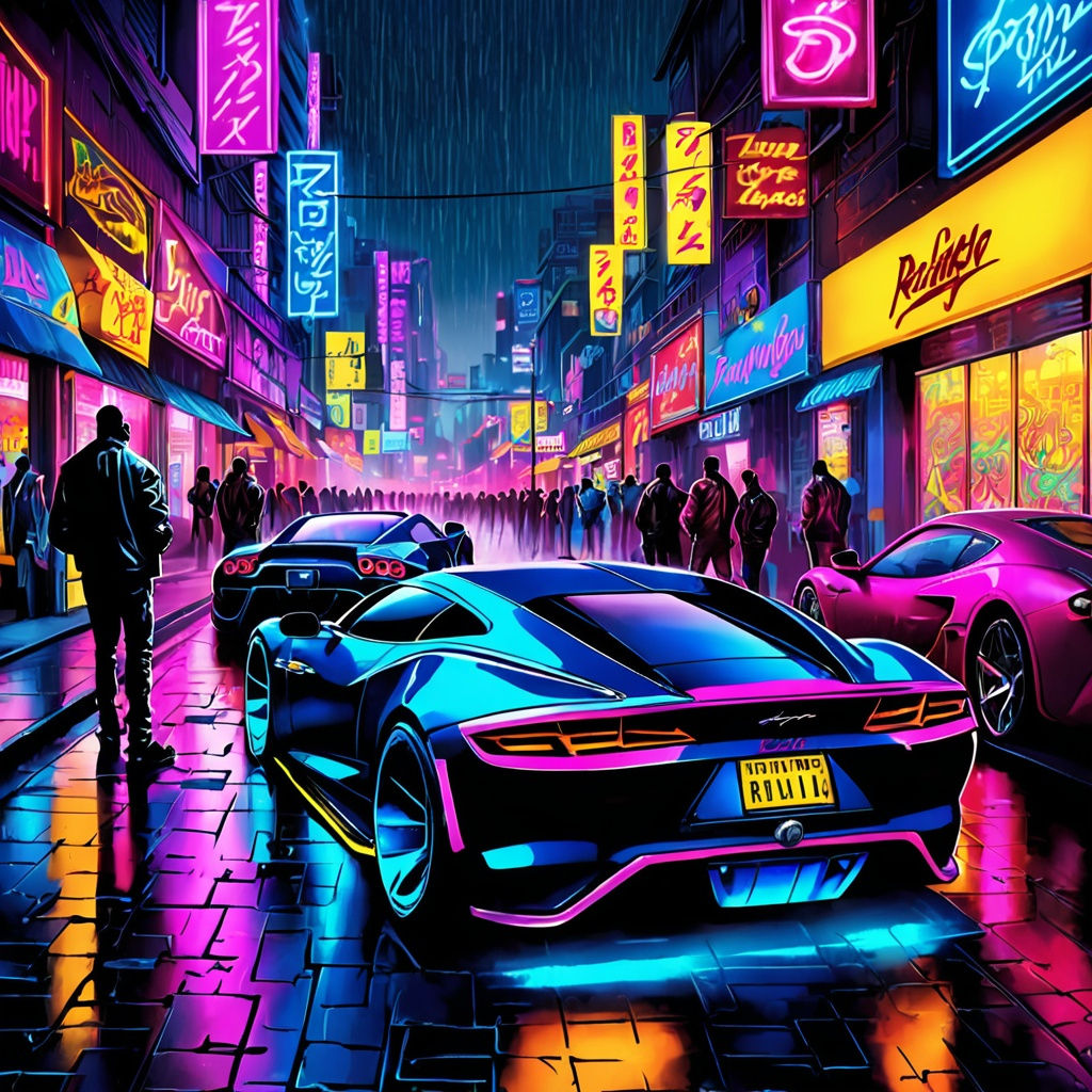 street gangs in sports cars race thru the neon city...