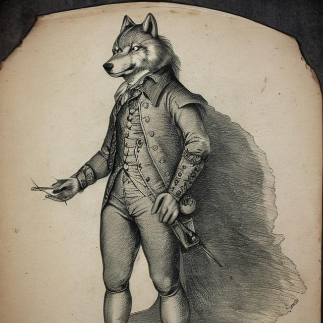 1700’s sketch drawing of a wolf in a human suit.