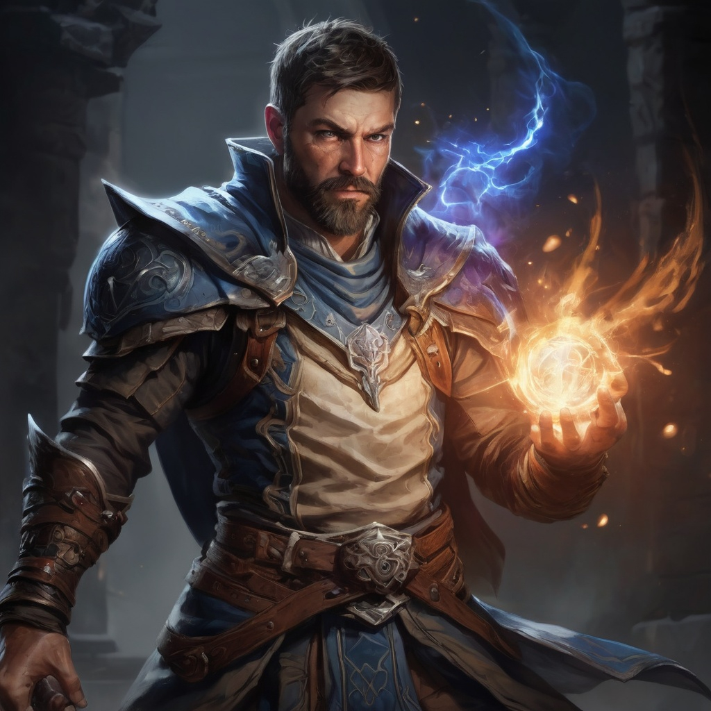 Male stocky large battle-mage with short-cut hair an...