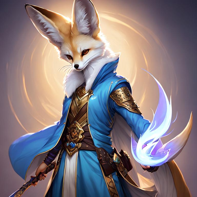anthropomorphic fennec fox with blue eyes, Asian clo...
