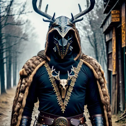 tall figure, dark, wearing deer skull mask, huge ant...