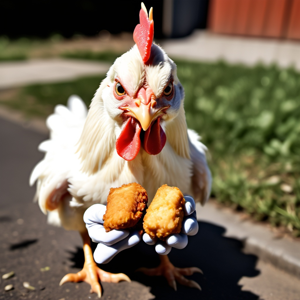 A chicken holding a chicken nugget with his claws (t...