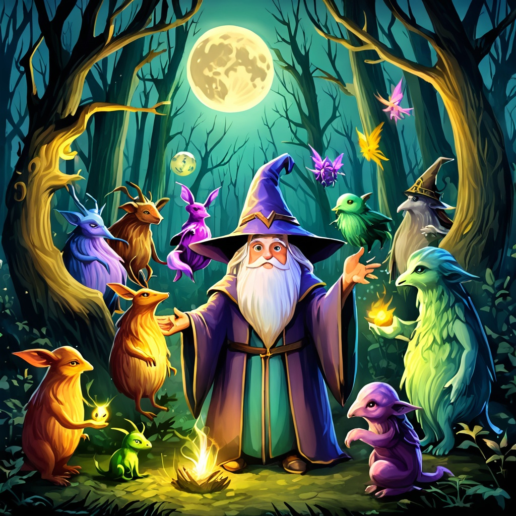 In a mystical forest, a wise and kind wizard has gat...
