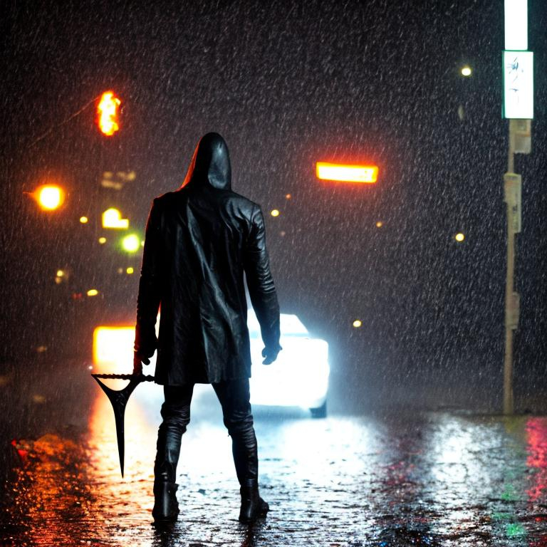 dark stranger walking through a rain soaked street d... | OpenArt