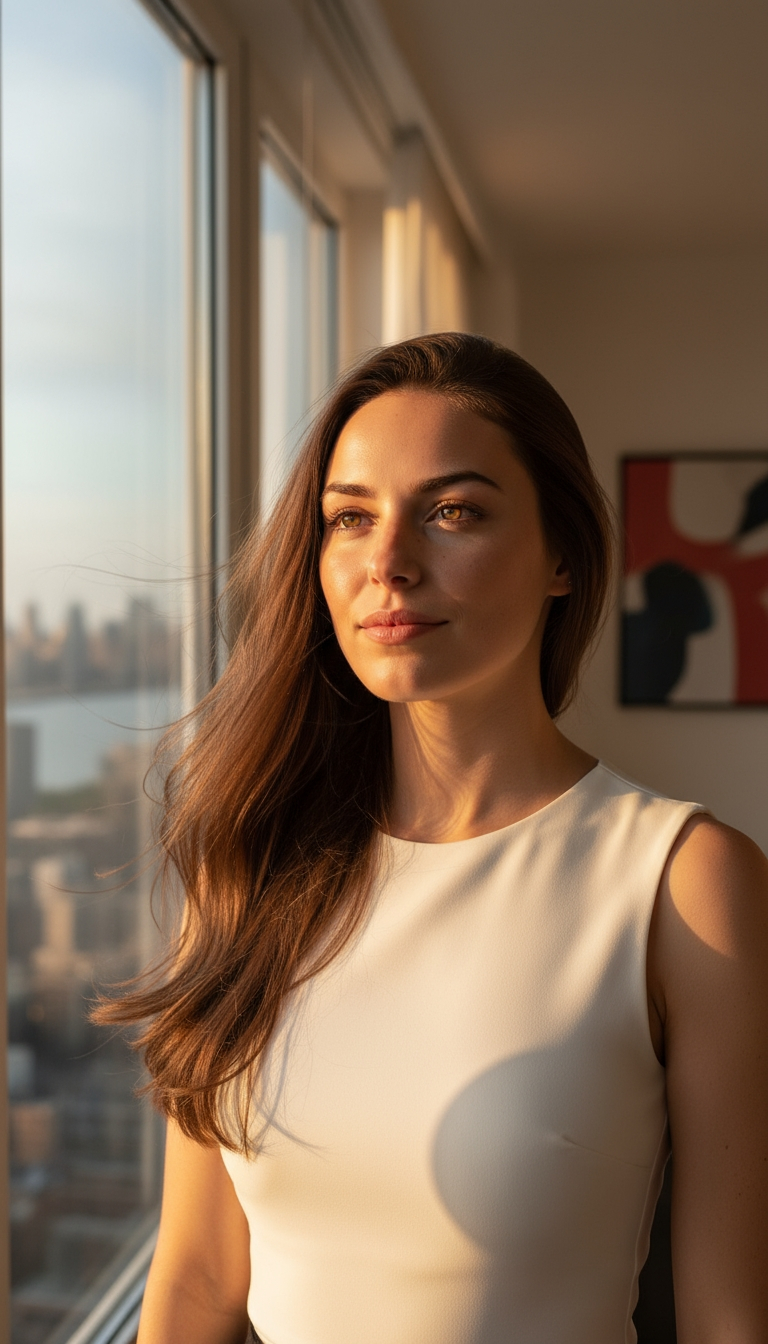Ultra realistic portrait of a woman standing by an o...
