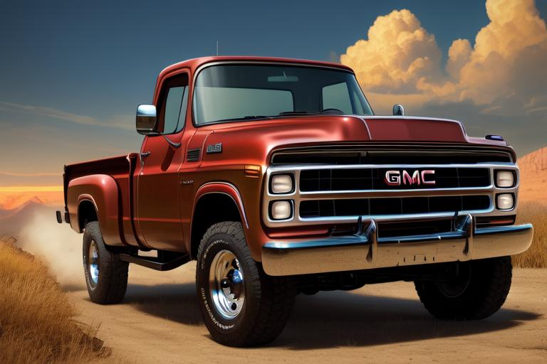 A wide angle longshot of Vintage GMC Trucks at a job...