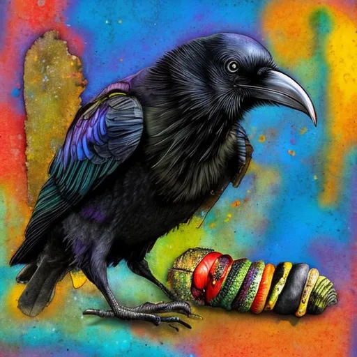 Painting of a Raven eating a bright colored caterpillar