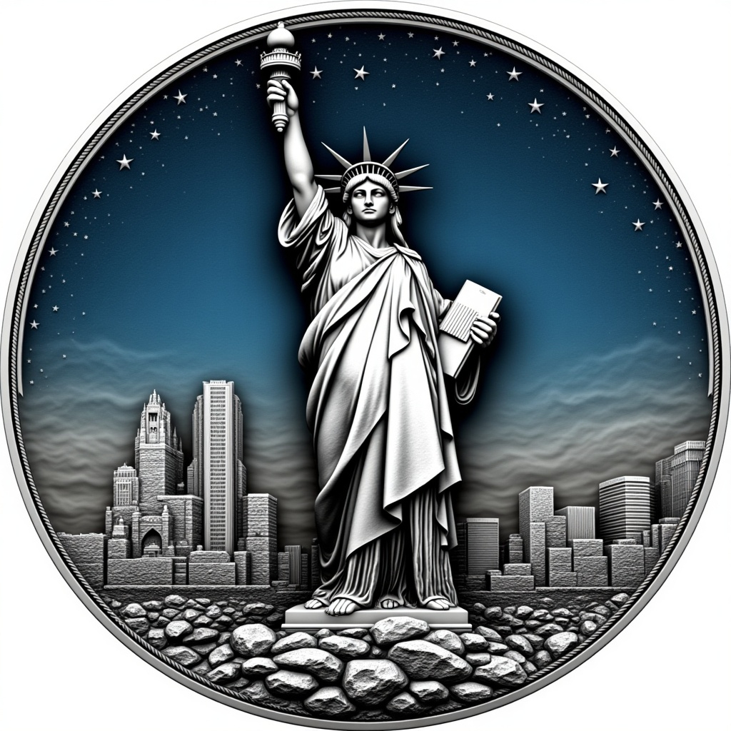 silver walking Liberty, majestic statue of freedom,...
