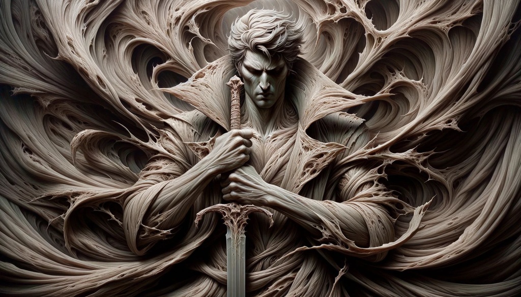 A painting of a male figure holding a sword, in the...