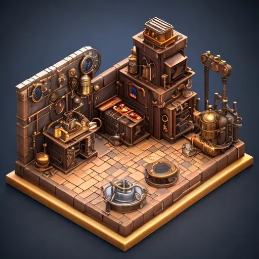 cute isometric steampunk forge and anvil in middle,...