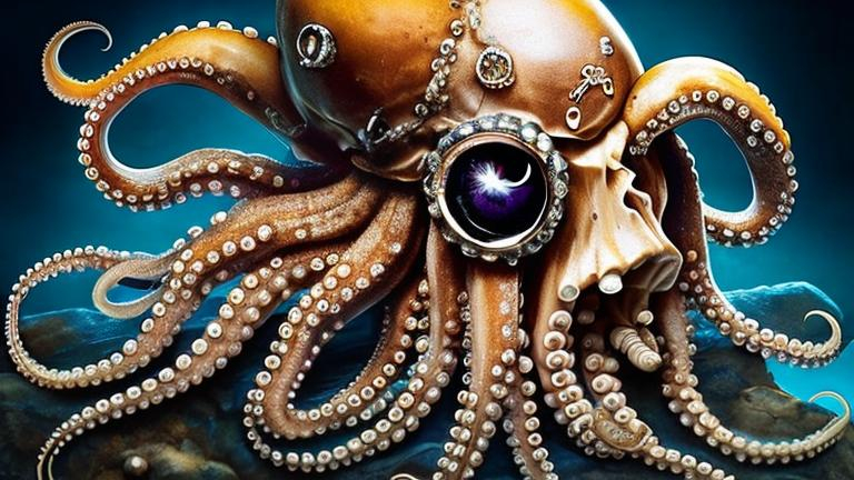 octopus wrapped around a rams skull with diamonds in...