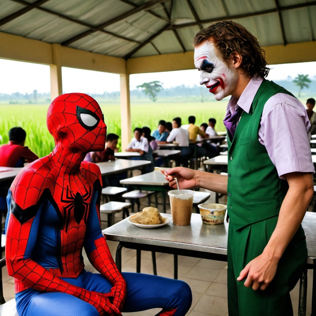 A spider-man chatting with a Heath Ledger's Joker in...