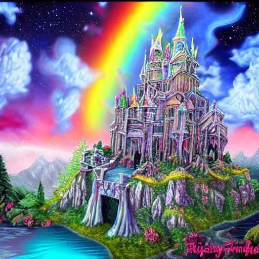 Realistic fantasy crystal castle with rainbow bridge... | OpenArt
