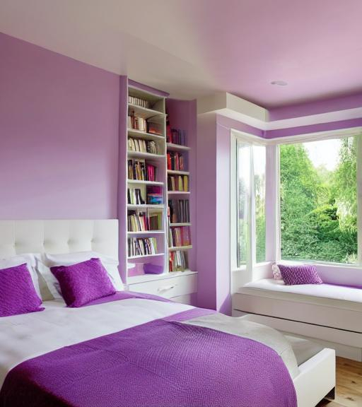 A modern bedroom with light purple walls a canopy be...