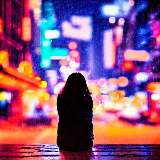 Sad beautiful lonely woman overlooking the neon ligh... | OpenArt