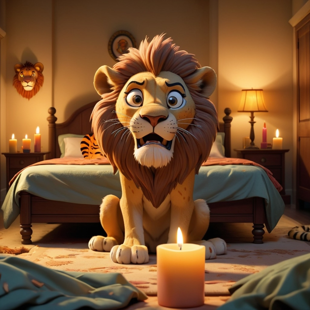 One shocked cartoon male lion enters a dimly lit bed...